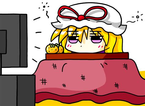 Safebooru 1girl Blonde Hair Blush Bow Food Fruit Hat Kotatsu Long