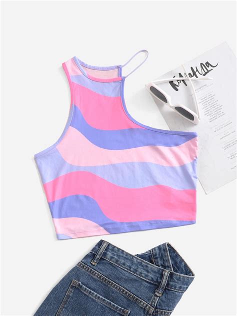 Shein Qutie Top Corto Con Estampado De Dibujo De Cuello Asimétrico