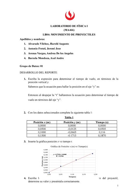Reporte Del Laboratorio Lb04 Mov Proyectil De Física I Grupo 01
