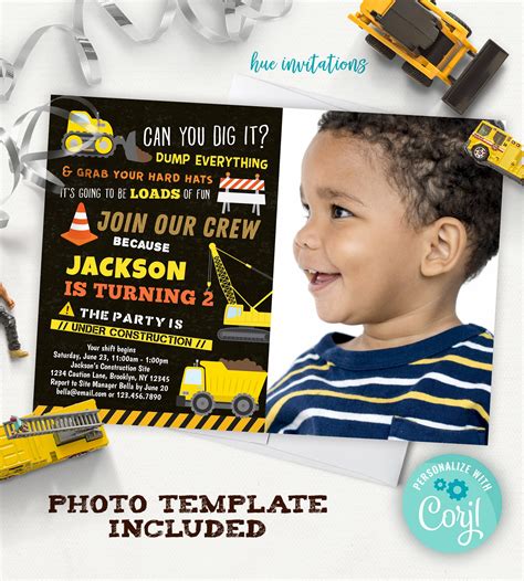 Construction Party 2nd Birthday Invitation Instant Download Etsy