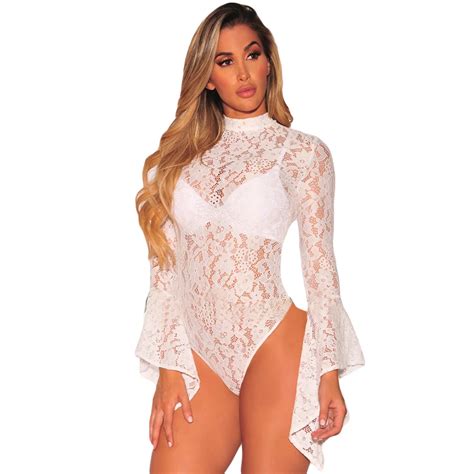White Bodysuit Sexy Sheer Floral Lace Bodysuits Women Cutout Back Long
