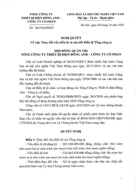 Nghị Quyết Về Việc Thay đổi Vốn điều Lệ Và Sửa đổi Điều Lệ Tổng Công Ty