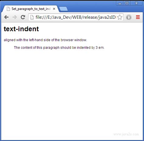 set paragraph to text indent 3em in html and css