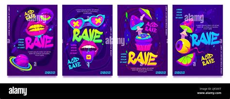 Psychedelic Rave Trip Party Banner Template Set Mouth With Tongue And