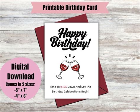 Printable Red Wine Birthday Card Digital Birthday Card Instant Download