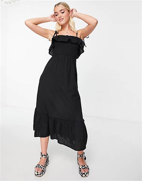New Look Gerafftes Midikleid In Schwarz Mit Trägern Zum Binden Asos