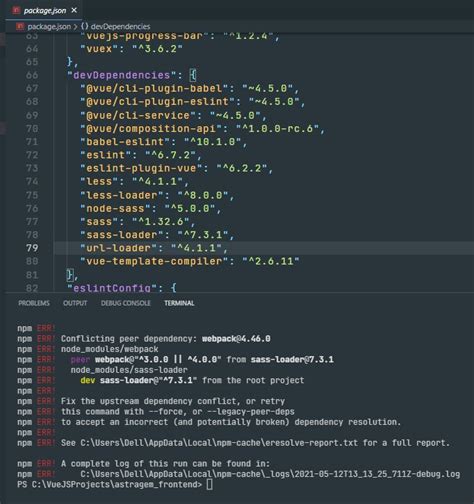 javascript conflicting peer dependency webpack 4 46 0 npm err node