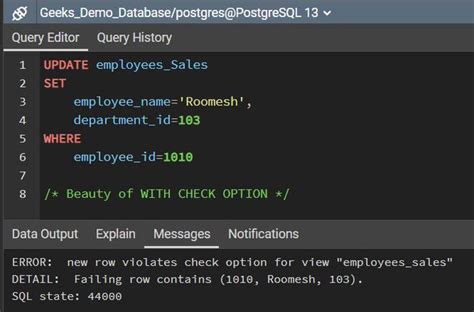 postgresql creating updatable views using with check option clause