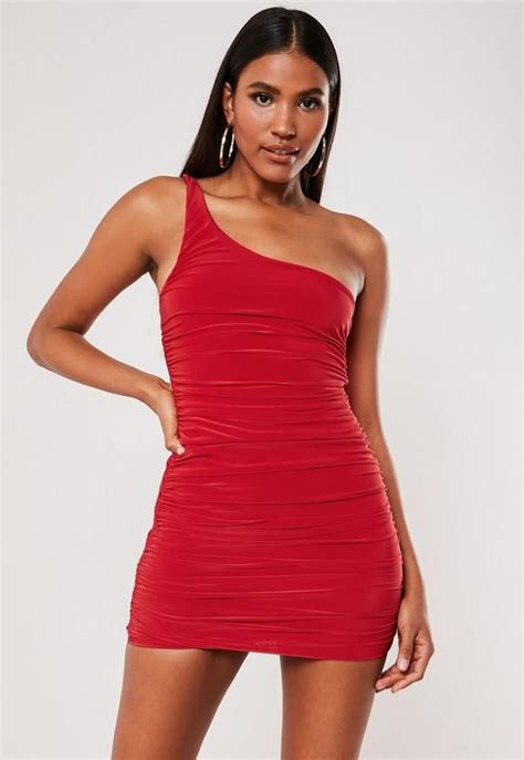 Missguided Red Slinky One Shoulder Ruched Bodycon Mini Dress In 2020