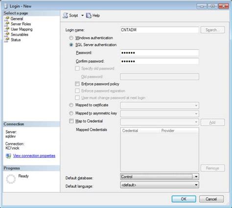 create a microsoft sql server database for control