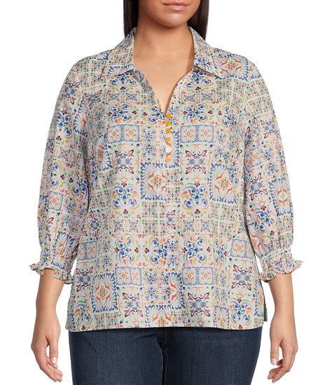 Foxcroft Plus Size Alexis Watercolor Mosaic Print Point Collar 3 4