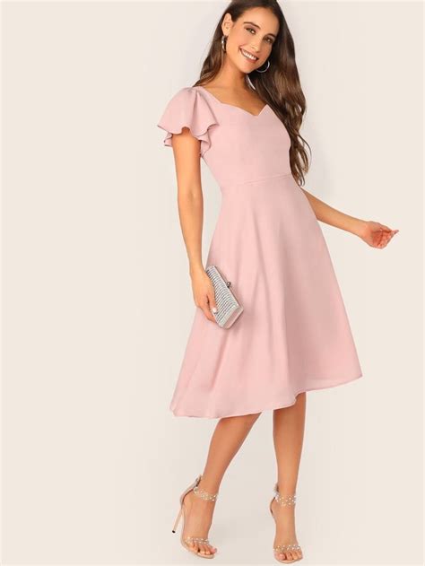 Flutter Sleeve Sweetheart Neck Fit And Flare Dress Flare Dress Midi