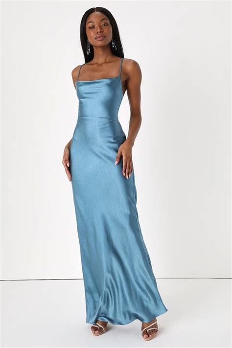 Lulus Inspire Romance Slate Blue Satin Cowl Neck Lace Up Maxi Dress