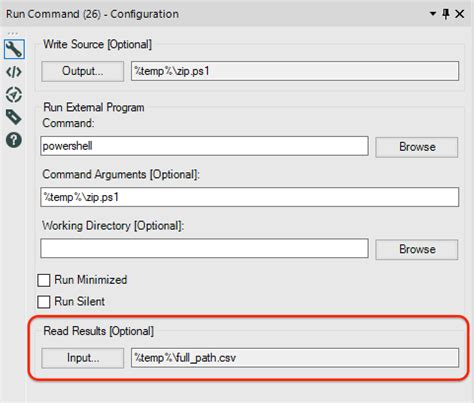 configuration of a run command tool in alteryx to run a powershell