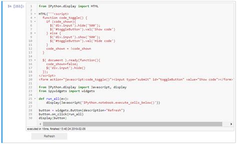 python how can i hide code and rerun all cells in a