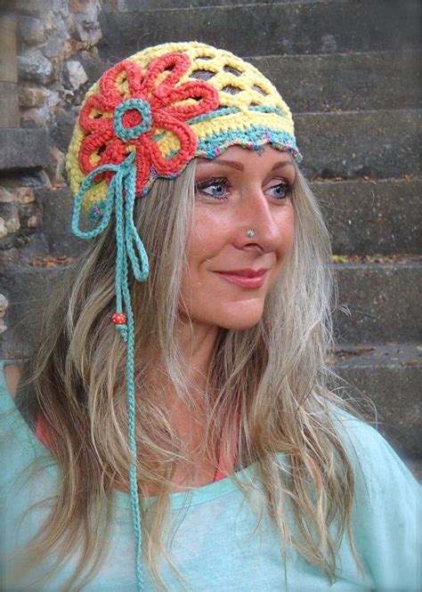 Summer Hippie Flower Yellow Beanie Hat With Headband Flower Etsy