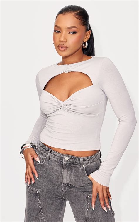 Light Grey Contour Jersey Cut Out Long Sleeve Top Tops