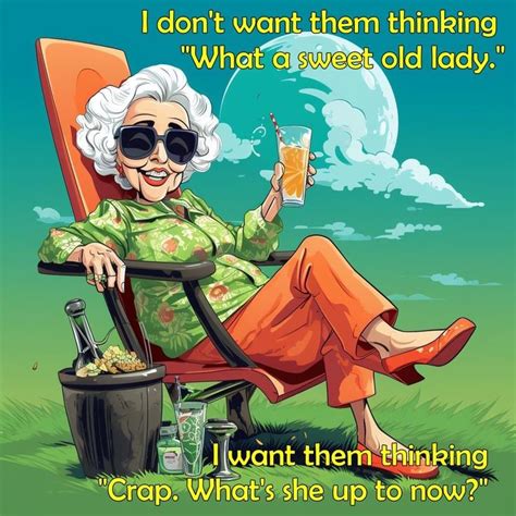 An Old Lady Sitting In A Lawn Chair Holding A Drink