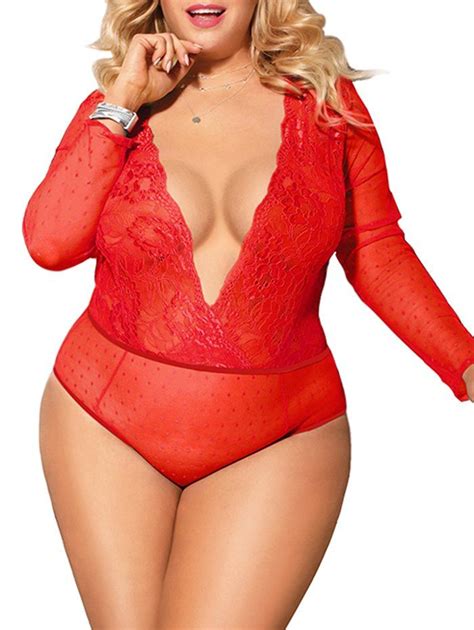 [29 Off] 2021 Plus Size Plunging Neckline Backless Teddy In Rosso Red