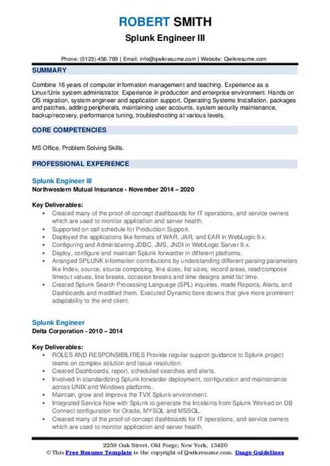 splunk engineer resume samples qwikresume