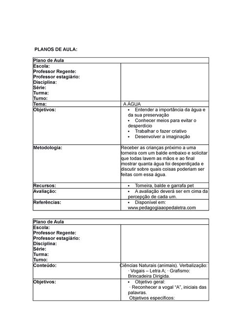 Planos De Aula Relatório De Plano De Aula Para Ensino Fundamental
