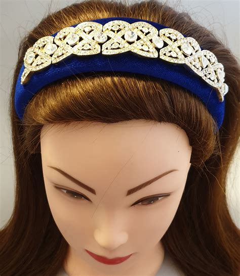 Royal Blue Padded Velvet Headband Gold Tone Crystal Diamante Etsy