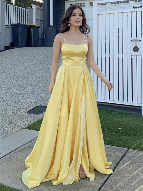 Yellow Satin Long Prom Dresses Sexy Backless Side Slit Sweep Train