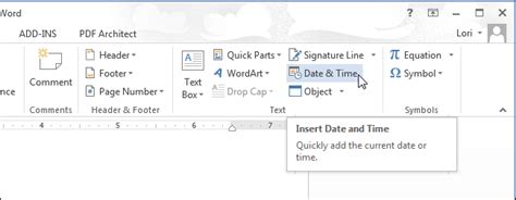 how to easily insert the formatted date and time in microsoft word
