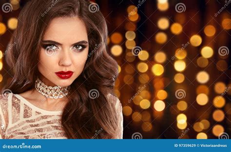 Glamour Fashion Brunette Girl Portrait Long Wavy Hair Style Stock