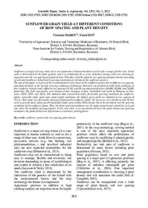 Pdf Sunflower Grain Yield At Different Conditions Of Row Spacing And