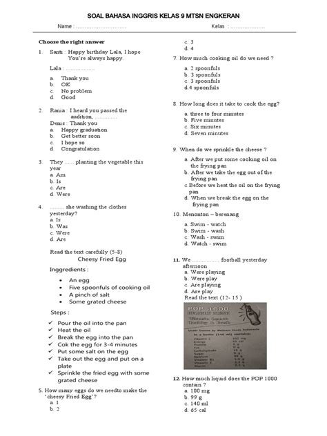 Soal Bahasa Inggris Kls 9 Mtsn 2022 Pdf Food Ingredients Food And