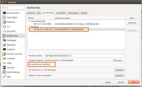 getting no qmlscene installed warning in qt creator on ubuntu