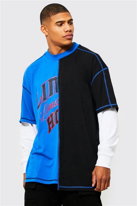 Mens Oversized Extended Neck Spliced Print T Shirt Boohoo Uk