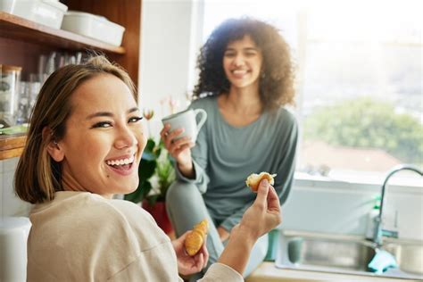 Premium Photo Happy Portrait And A Lesbian Couple With Breakfast In