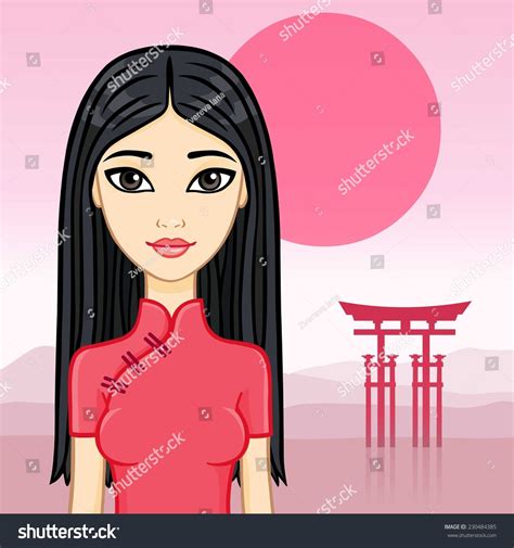 Animation Beautiful Chinese Girl Traditional Clothes 스톡 벡터 로열티 프리