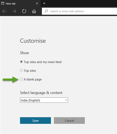 how to set microsoft edge new tab page to blank