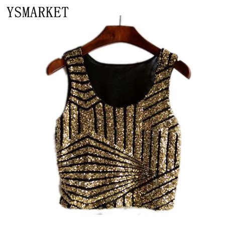 Latest Women Sexy Tanks Camis Top Sequin Rosy Black Sparkle Glitter