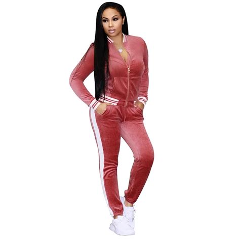 Sexy Sportswear Velvet Tracksuit For Women Two Piece Set Stripe