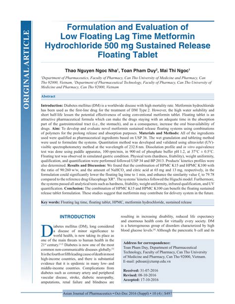 pdf formulation and evaluation of low floating lag time metformin