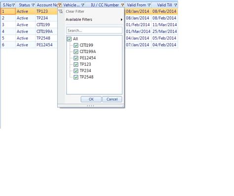 gridview excel like filter popup button not working in ui