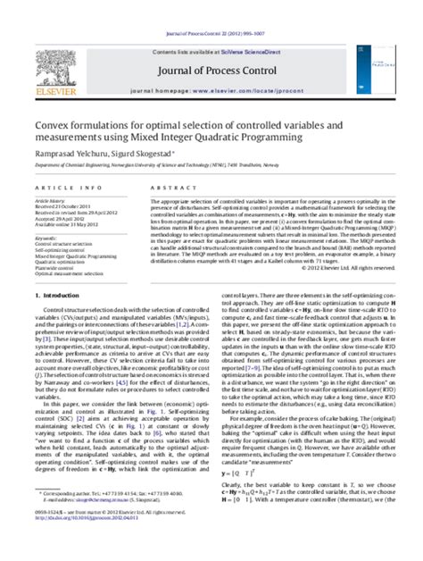 pdf convex formulations for optimal selection of controlled variables