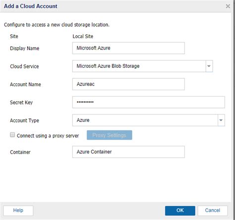 add a cloud account for microsoft azure blob storage