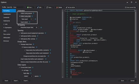 sql formatting standards capitalization indentation comments