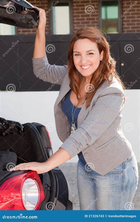 Young Woman Opening The Trunk Stock Image Image Of Portrait Daytime
