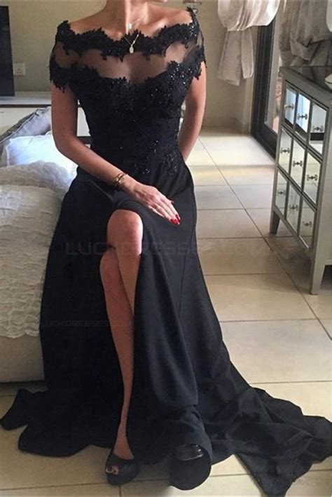 Long Black Illusion Neckline Lace Chiffon Prom Dresses Party Evening