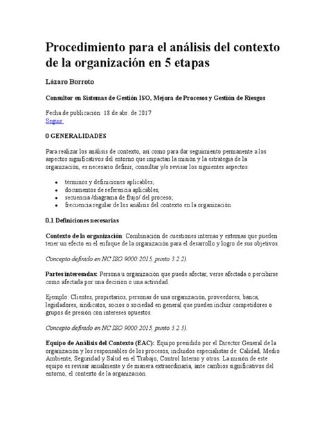 Procedimiento Para El Análisis Del Contexto De La Organización En 5