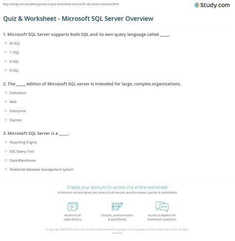 quiz and worksheet microsoft sql server overview