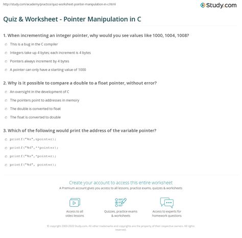 quiz and worksheet pointer manipulation in c