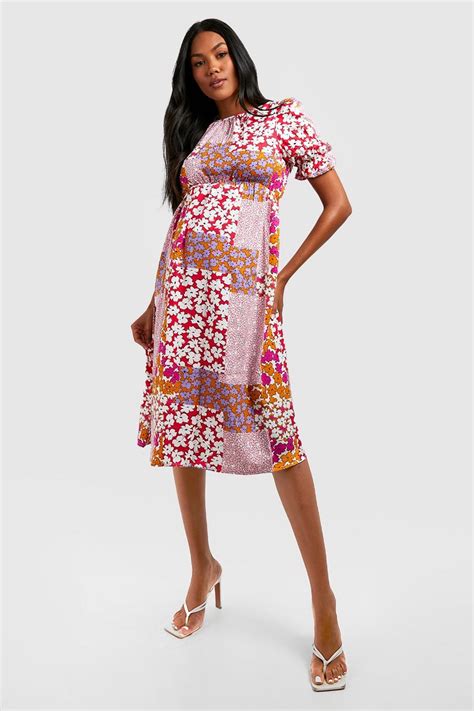 Maternity Floral Puff Sleeve Midi Dress Boohoo