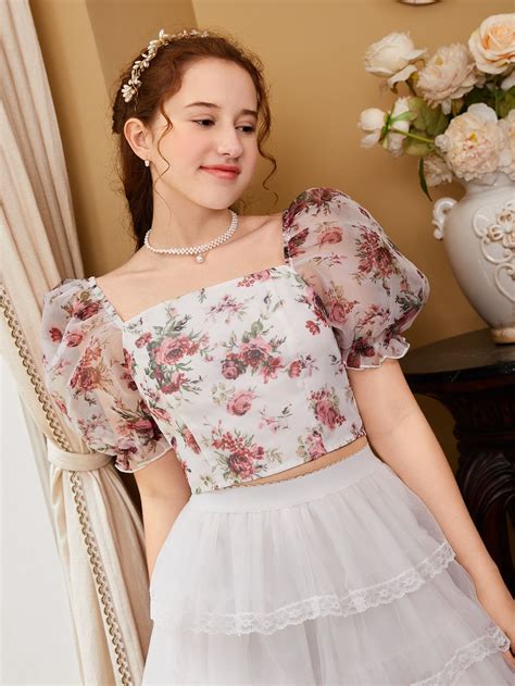 Multicolor Boho Collar Short Sleeve Organza Floral All Over Print Top